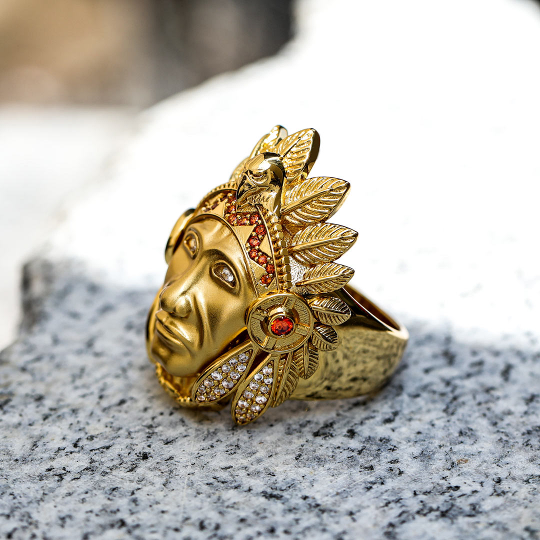 Native American Indian Chief Head Ring in Gold - Helloice Jewelry