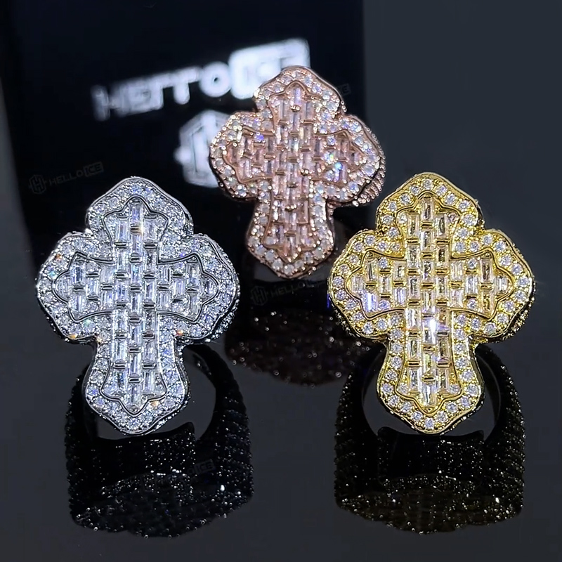 Iced Cross-Shaped Baguette Ring - Helloice Jewelry