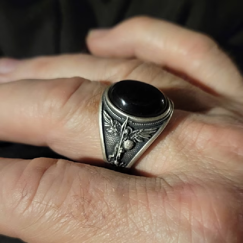 Archangel Saint Michael Men's Oval Natural Stones Signet Ring - Helloice Jewelry