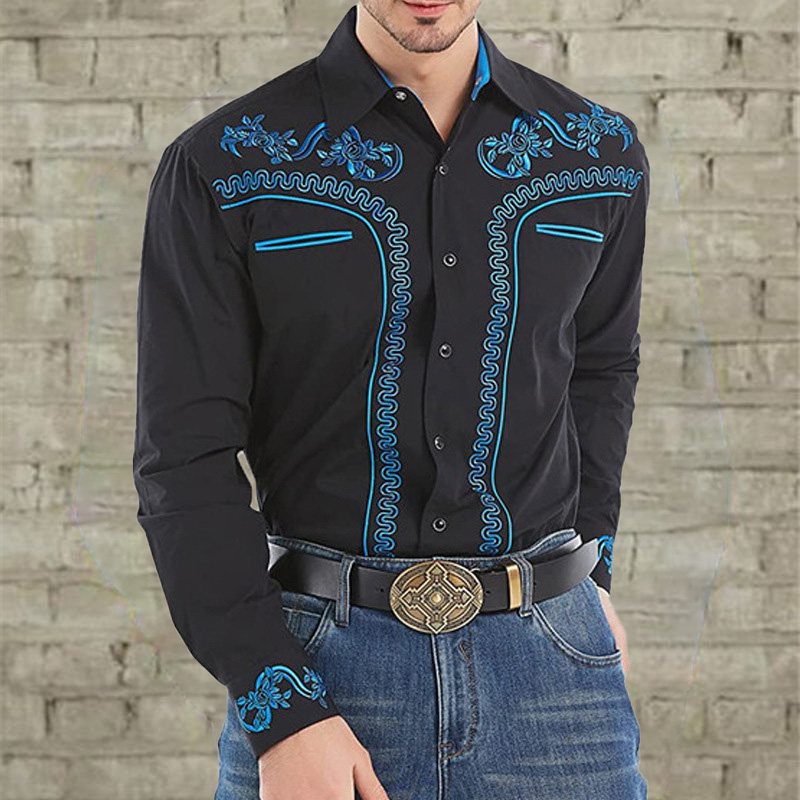 Western Pattern Embroidered Long Sleeve Shirt - Helloice Apparel