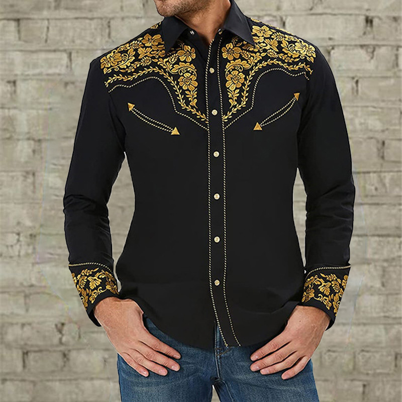 Western Pattern Embroidered Long Sleeve Shirt - Helloice Apparel