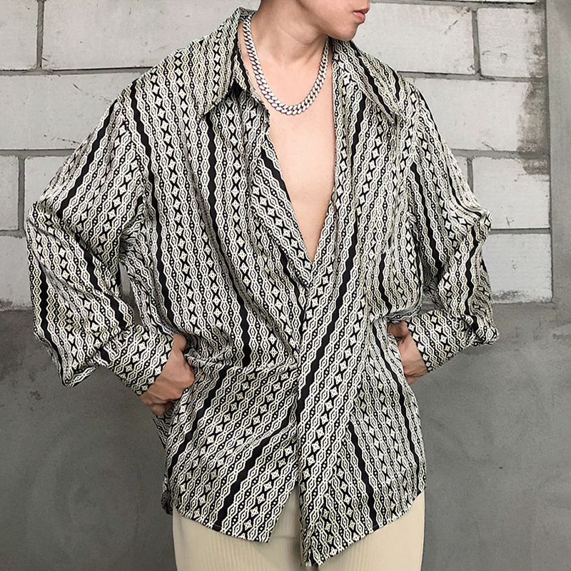 Long Sleeve Striped Cuban Collar Double Button Floral Shirt - Helloice Apparel