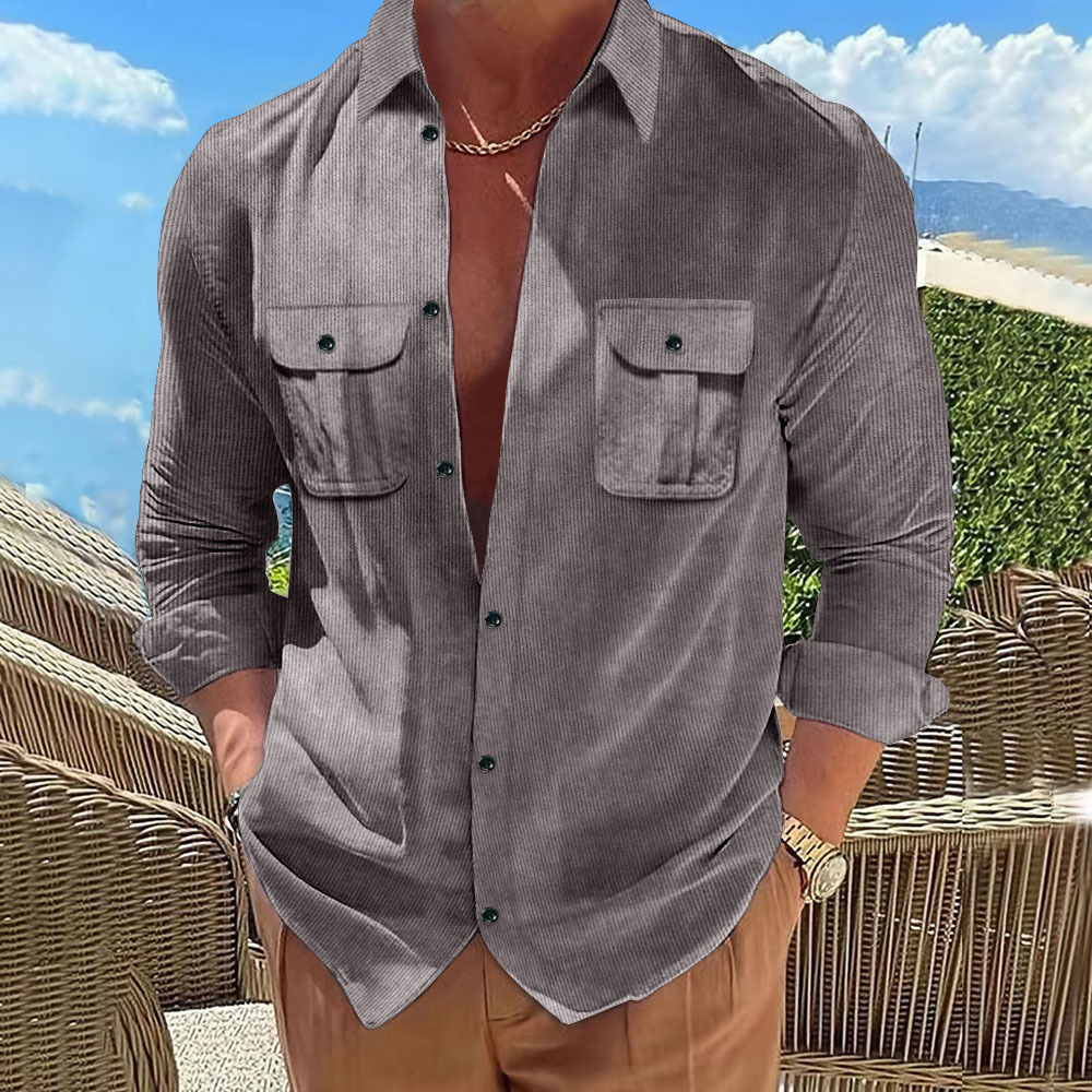 Corduroy Cargo Pocket Long Sleeve Shirt - Helloice Apparel
