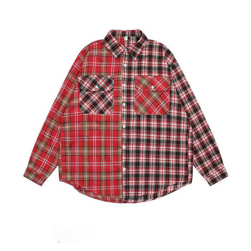 American Retro Plaid Patchwork Shirt - Helloice Apparel