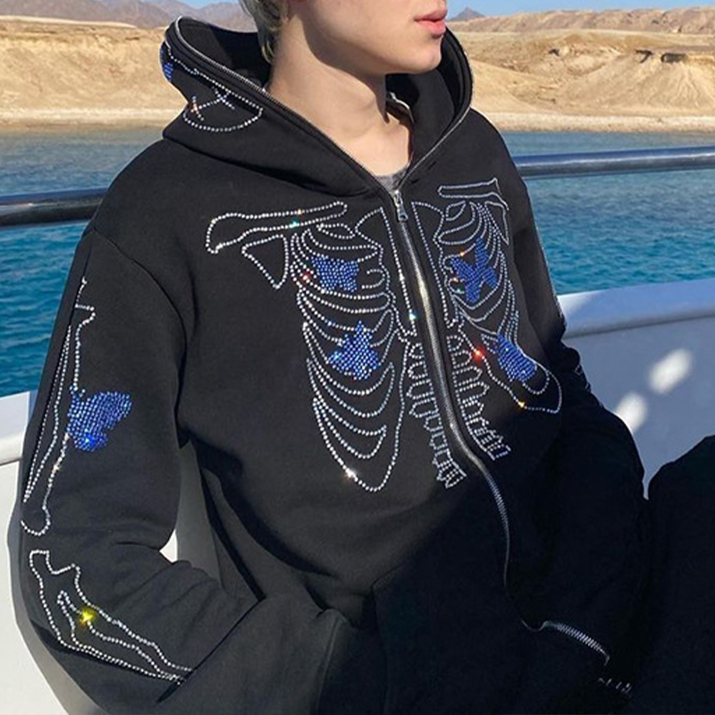 Y2K Rhinestone Loose Hoodie - Helloice Apparel