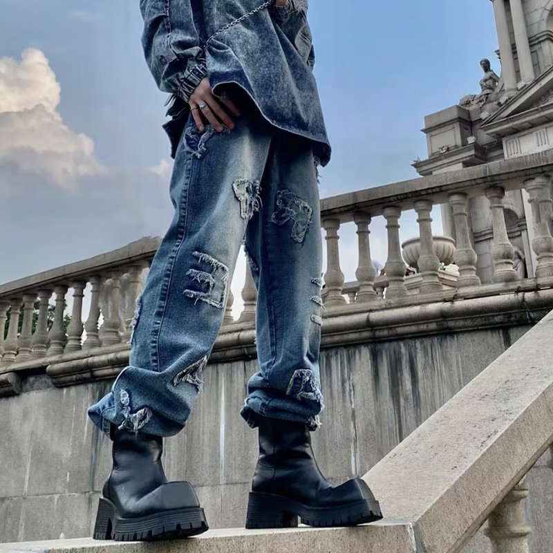 Vintage Street Letter Patch Jeans - Helloice Apparel