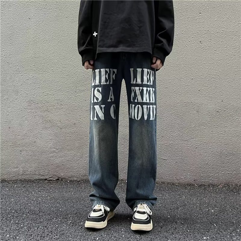 Street Vintage Alphabet Print Contrast Jeans - Helloice Apparel