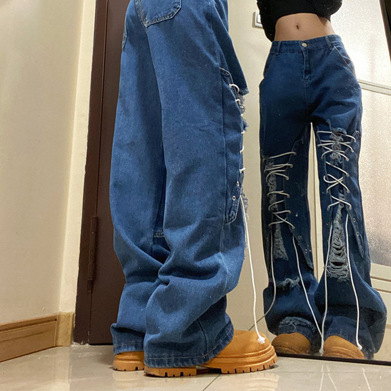 Vibe Style Ripped Strappy Jeans - Helloice Apparel