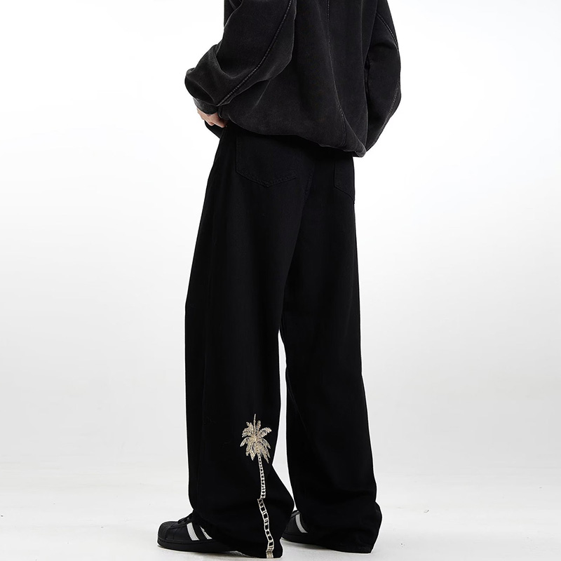 Coconut Tree Embroidered Black Jeans - Helloice Apparel