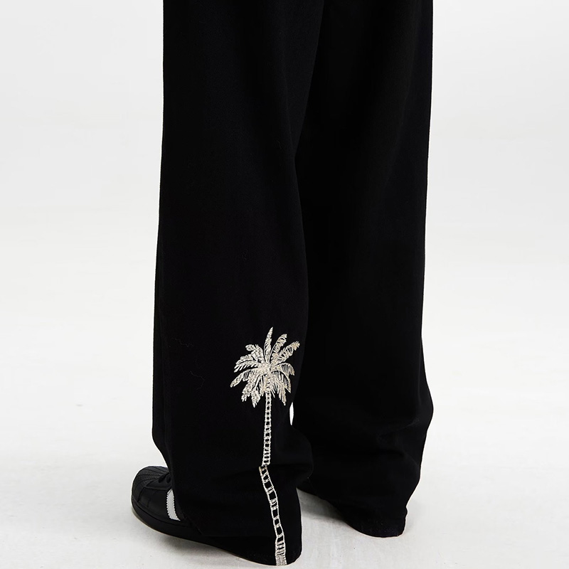 Coconut Tree Embroidered Black Jeans - Helloice Apparel