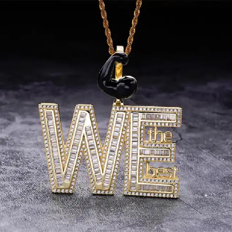 Baguette Cut 'We the best' Pendant with Muscle Arm Clasp - Helloice