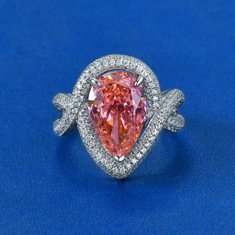 Opulent Papalacha Pear Cut Halo Ring with Cross Band - Helloice