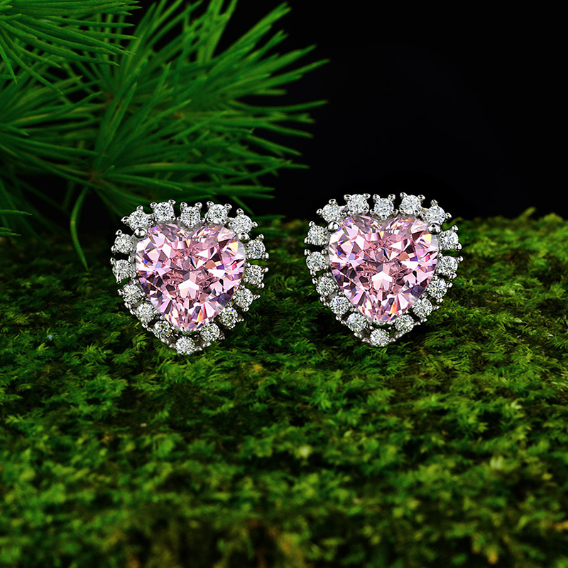 Pink Heart Cut Halo Sterling Silver Earrings - Helloice