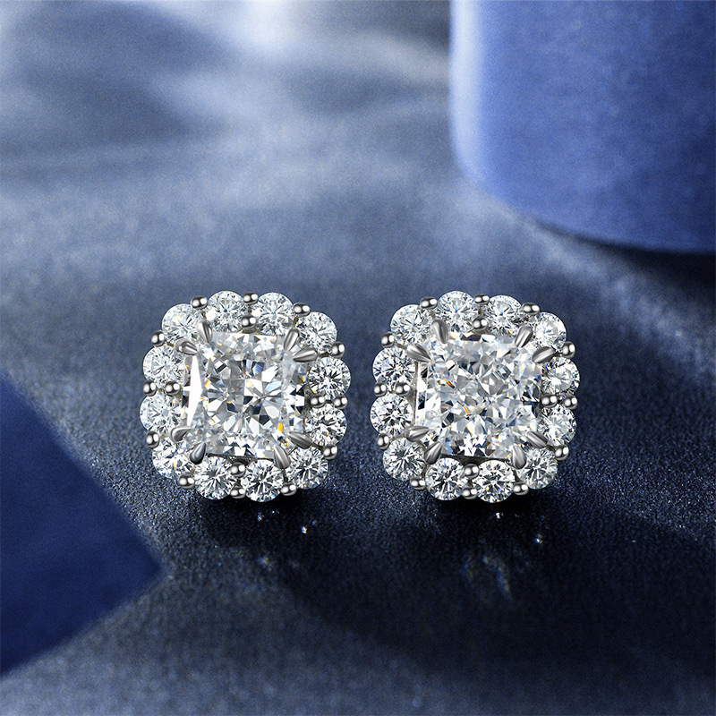 Stunning Radiant Cut Halo Sterling Silver Earrings - Helloice