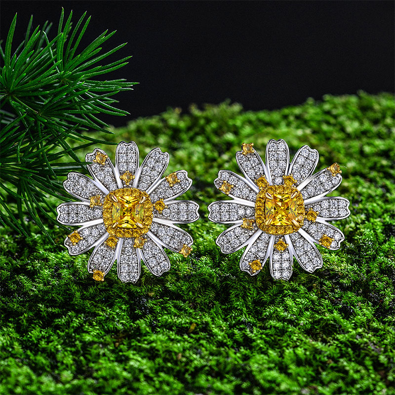 Dazzling Fancy Yellow Daisy Earring in Sterling Silver - Helloice Jewelry