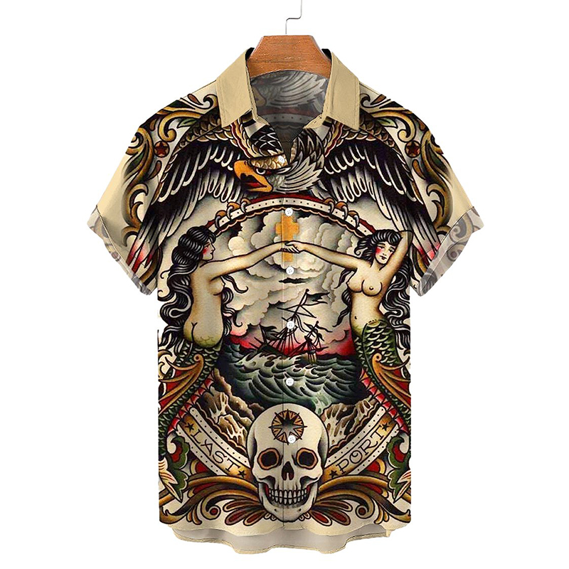 Vintage Old School Print Short Sleeve Hawaiian Shirt - Helloice Apparel
