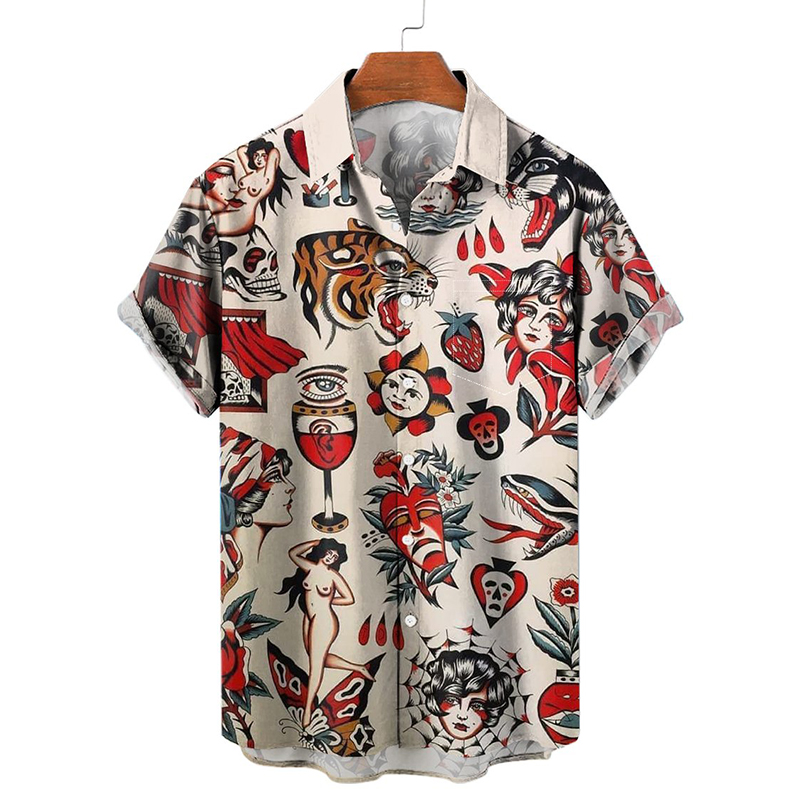 Vintage Old School Print Short Sleeve Hawaiian Shirt - Helloice Apparel