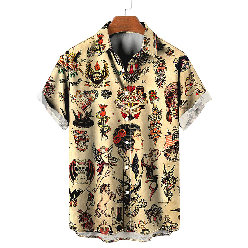Vintage Old School Print Short Sleeve Hawaiian Shirt - Helloice Apparel
