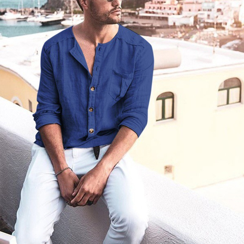 Long Sleeve Linen Button Stand Collar Shirt - Helloice Apparel