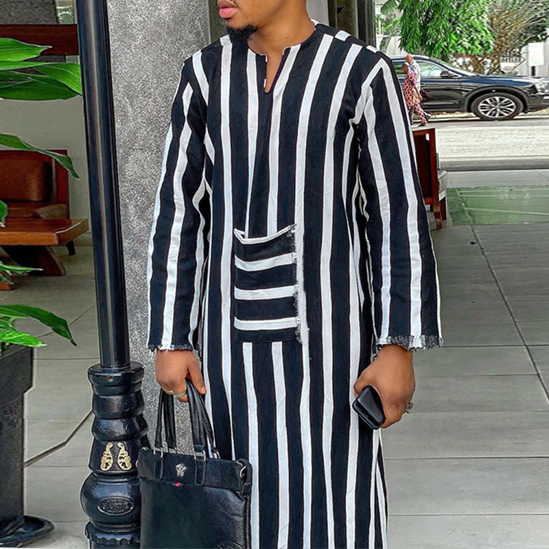 Raw Edge Striped Printed Loose Muslim Robe - Helloice Apparel