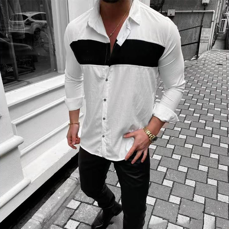Men's Fashion Contrasting Color Stitching Long Sleeve Shirt - Helloice Apparel