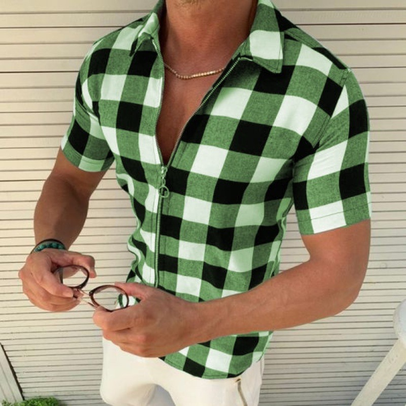 Lapel Check Print Zip-Up Shirt - Helloice Apparel
