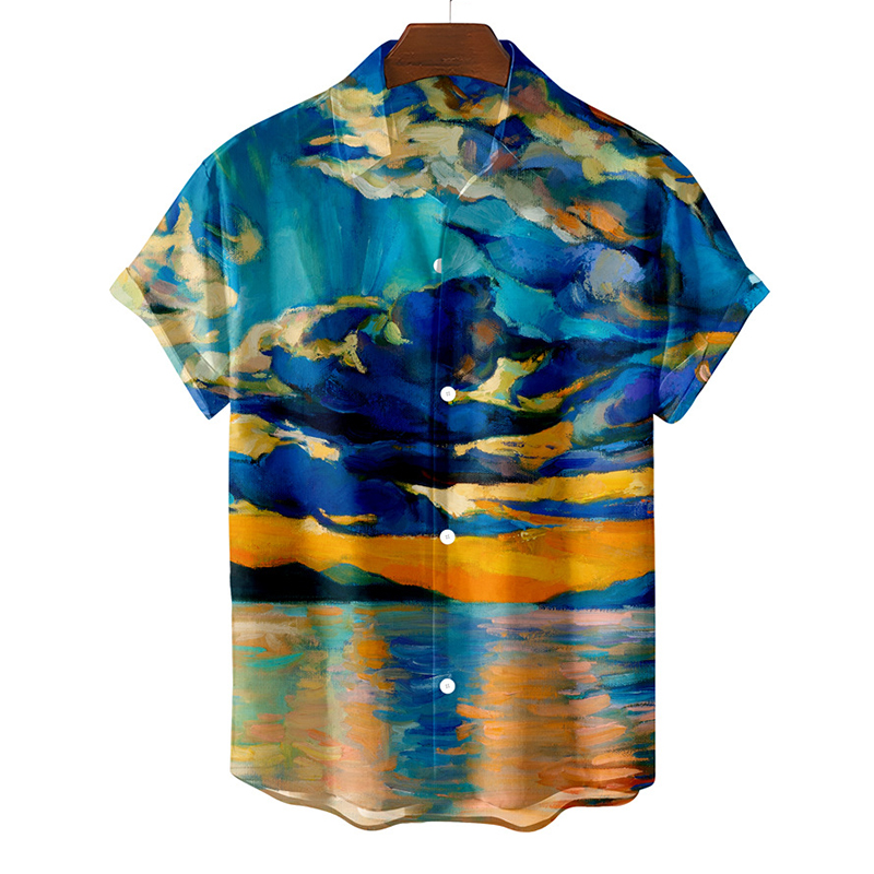 Men's Oil Painting Landscape Print Short Sleeve Shirt - Helloice Apparel