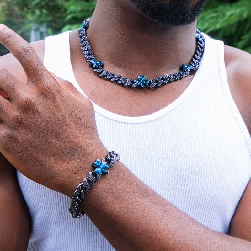 Three-leaf Iced Miami Cuban Chain & Bracelet Set - Helloice Jewelry