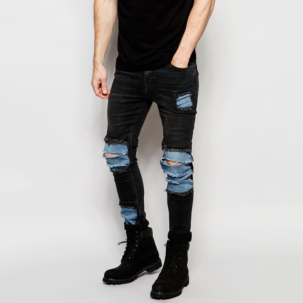 Statement Ripped Color Block Patch Slim Fit Jeans - Helloice Apparel