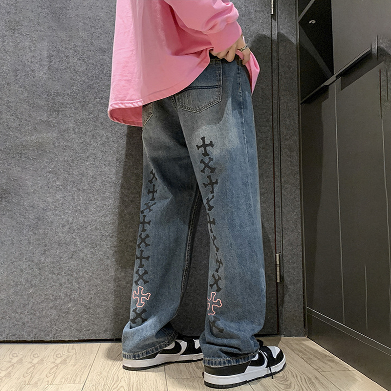 Distressed Cross Print Jeans - Helloice Apparel