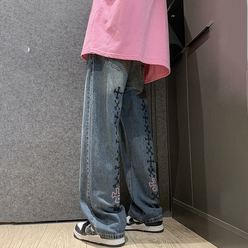 Distressed Cross Print Jeans - Helloice Apparel