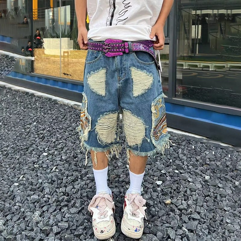 Street Embroidery Tassel Denim Ripped Shorts - Helloice Apparel