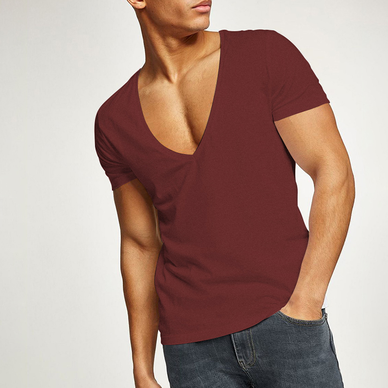 Solid Color Deep V-Neck T-Shirt - Helloice Apparel