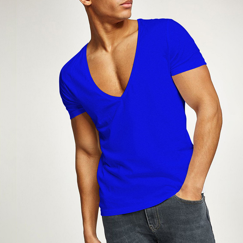 Solid Color Deep V-Neck T-Shirt - Helloice Apparel
