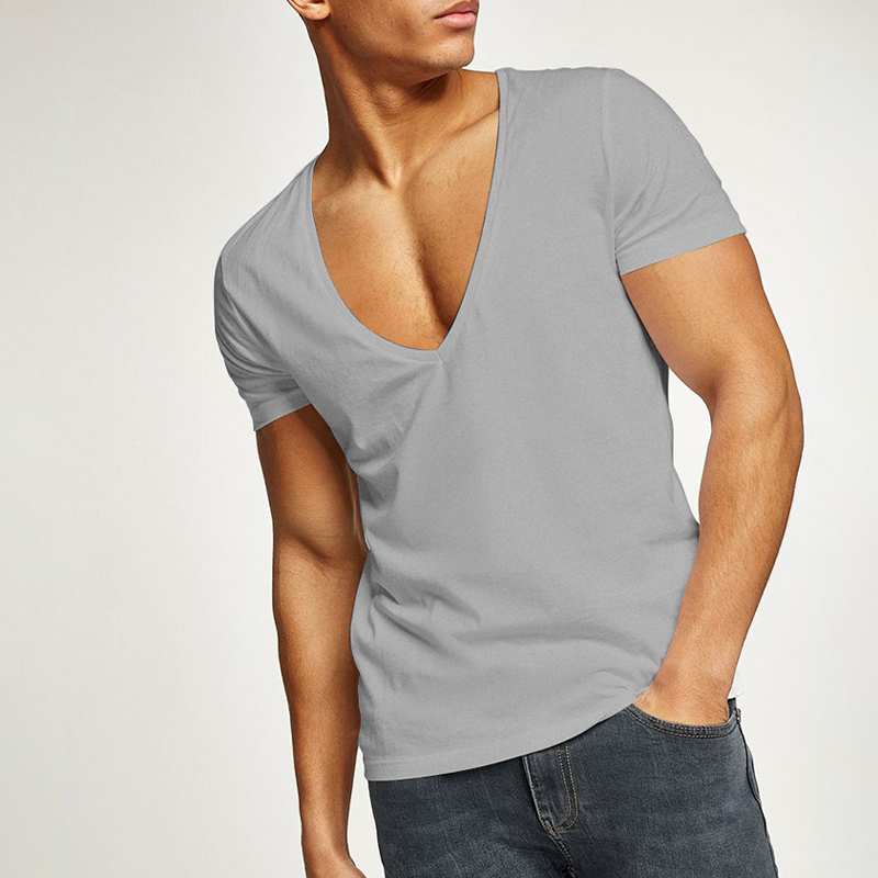 Solid Color Deep V-Neck T-Shirt - Helloice Apparel
