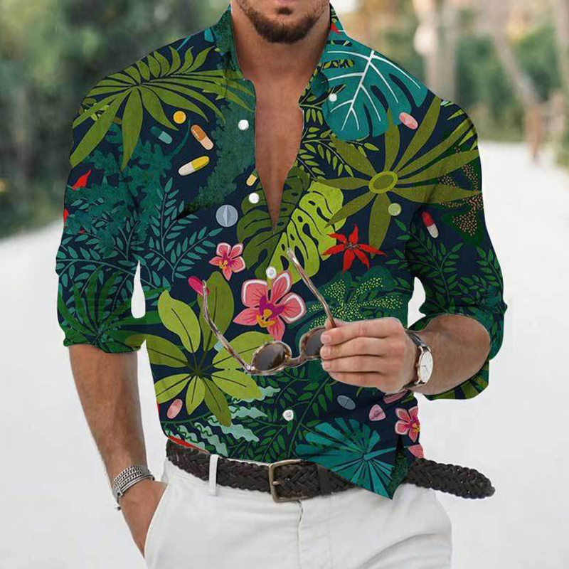 Colorful Floral Print Long Sleeve Resort Shirt - Helloice Apparel