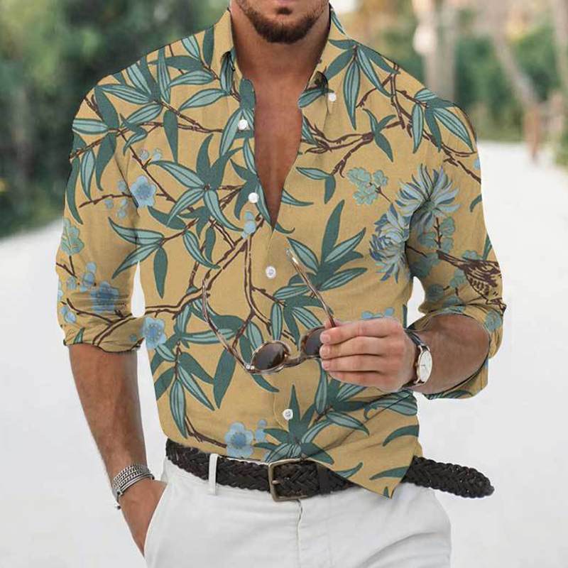 Colorful Floral Print Long Sleeve Resort Shirt - Helloice Apparel