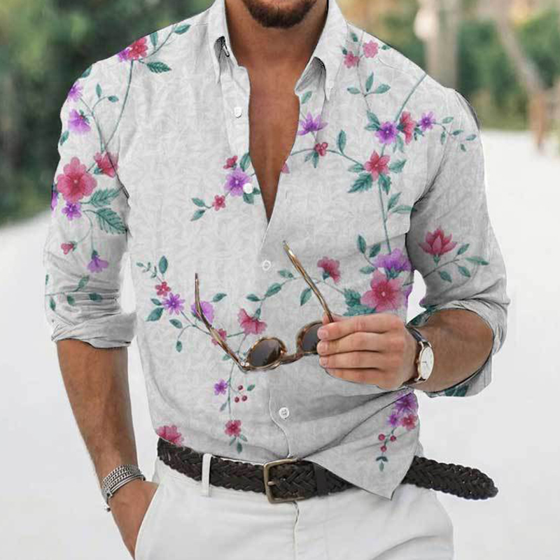 Colorful Floral Print Long Sleeve Resort Shirt - Helloice Apparel