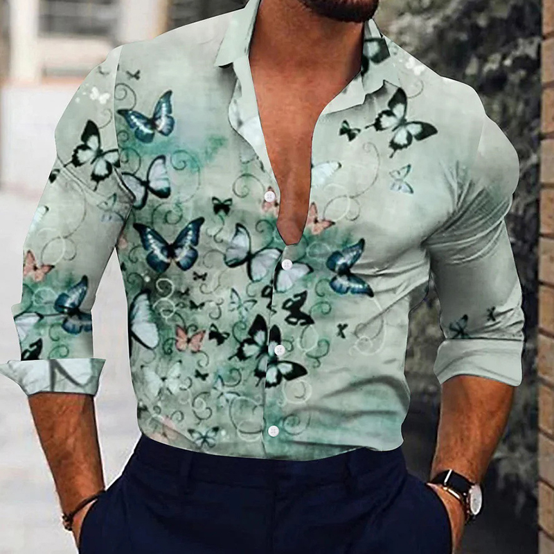 Butterfly Floral Print Long Sleeve Resort Shirt - Helloice Apparel