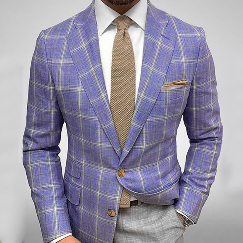 Purple Check Lapel Long Sleeve Blazer - Helloice Apparel