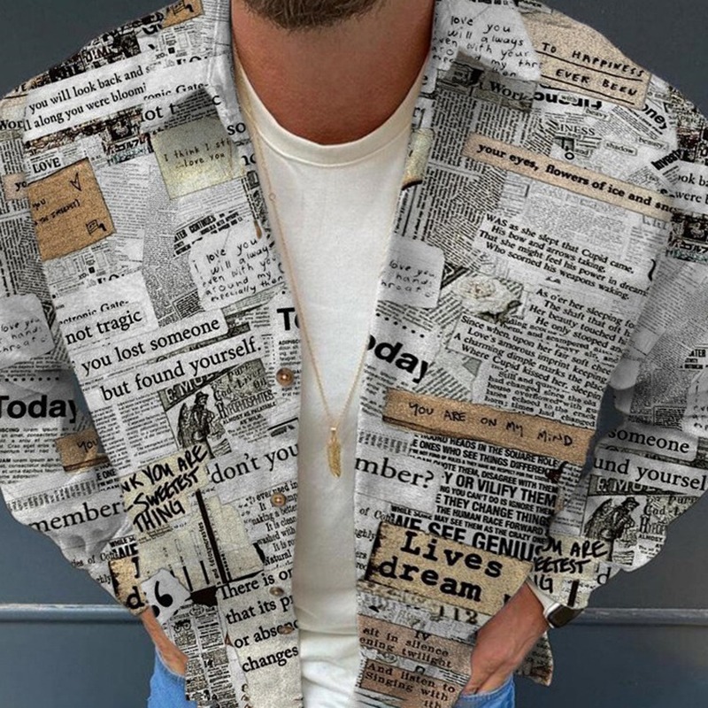 Newspaper Color Block Print Lapel Shirt - Helloice Apparel