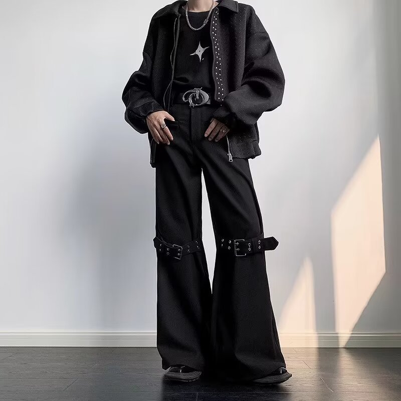 Dark Strappy Deconstructed Bootcut Casual Pants - Helloice Apparel