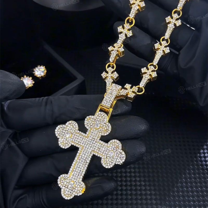 11mm Cross Link Chain + Micro Pave Cross Pendant in Gold - Helloice Jewelry