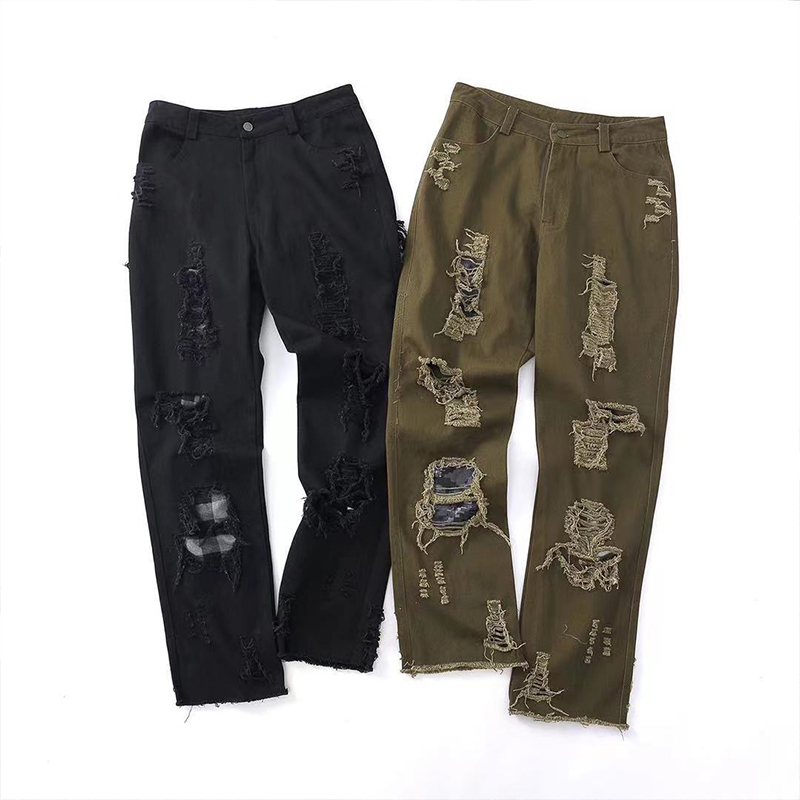 High Street Distressed Letter Embroidered Jeans - Helloice Apparel