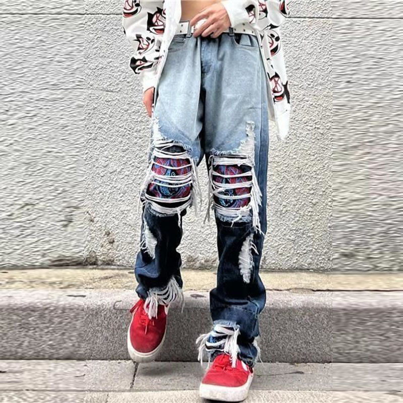 Disrupted Brushed Washed Embroidered Jeans - Helloice Apparel