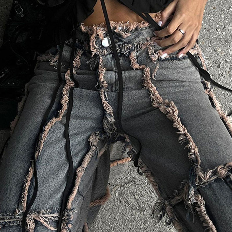 Street Hip Hop Raw Edge Patchwork Jeans - Helloice Apparel