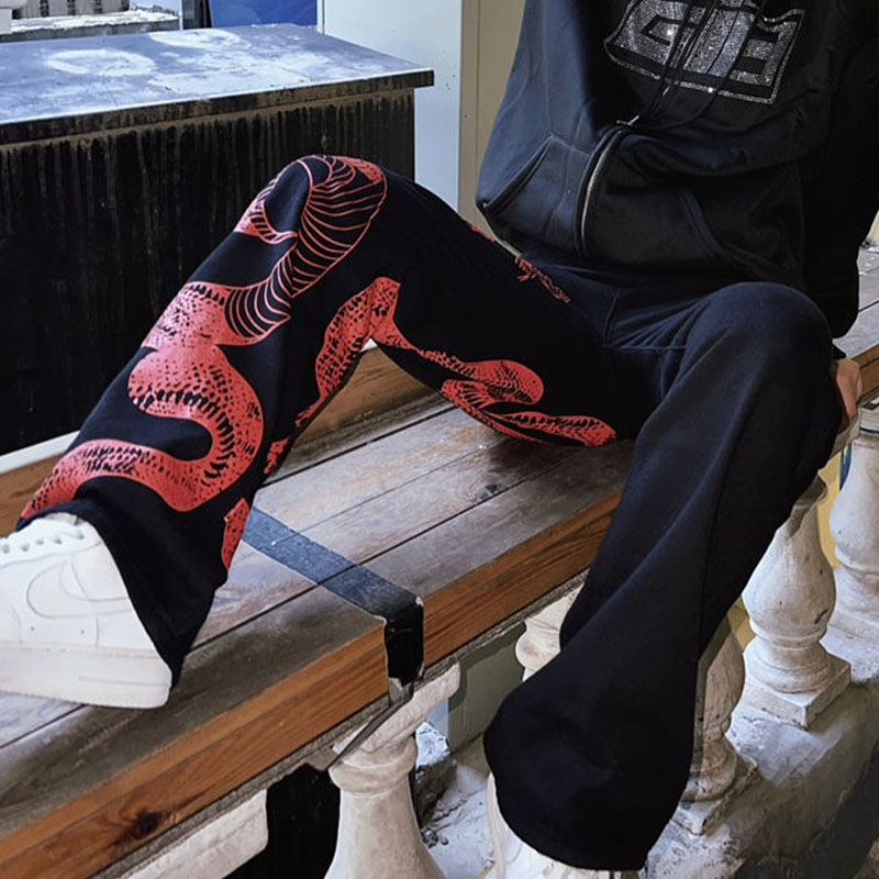 Personalized Punk Pants Red Snake Print Jeans - Helloice Apparel
