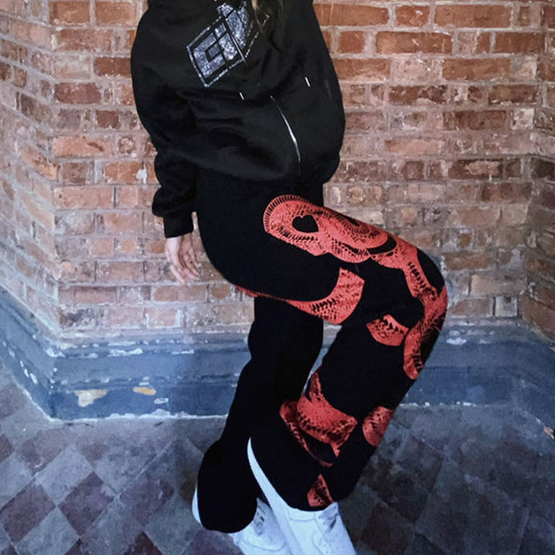 Personalized Punk Pants Red Snake Print Jeans - Helloice Apparel