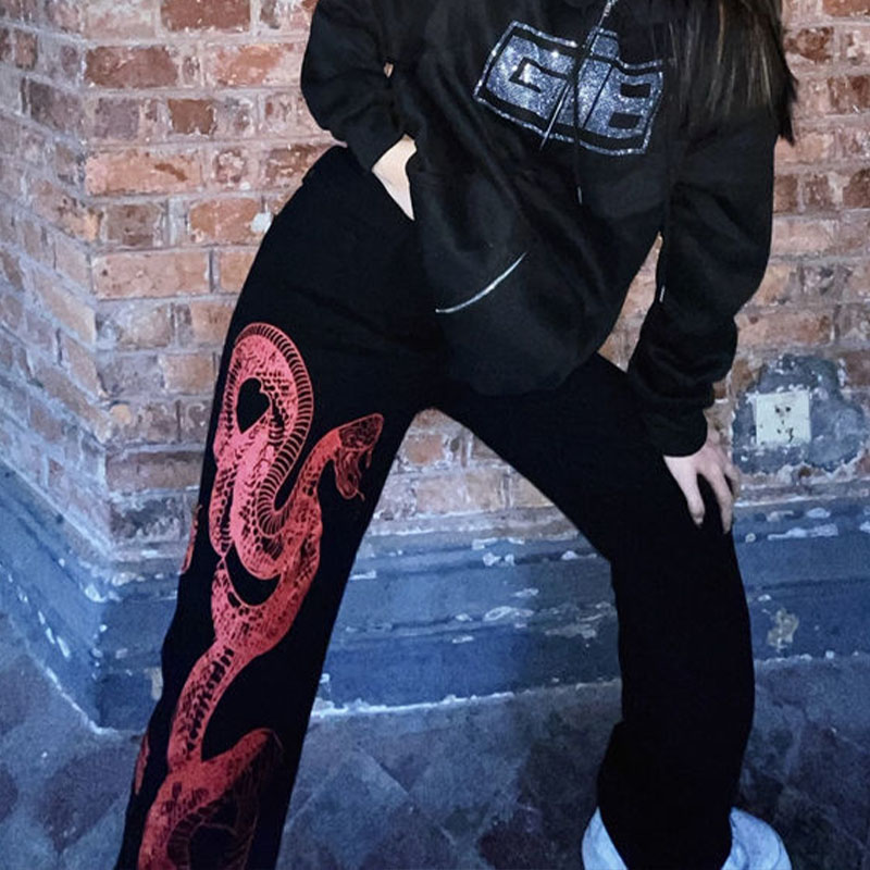 Personalized Punk Pants Red Snake Print Jeans - Helloice Apparel