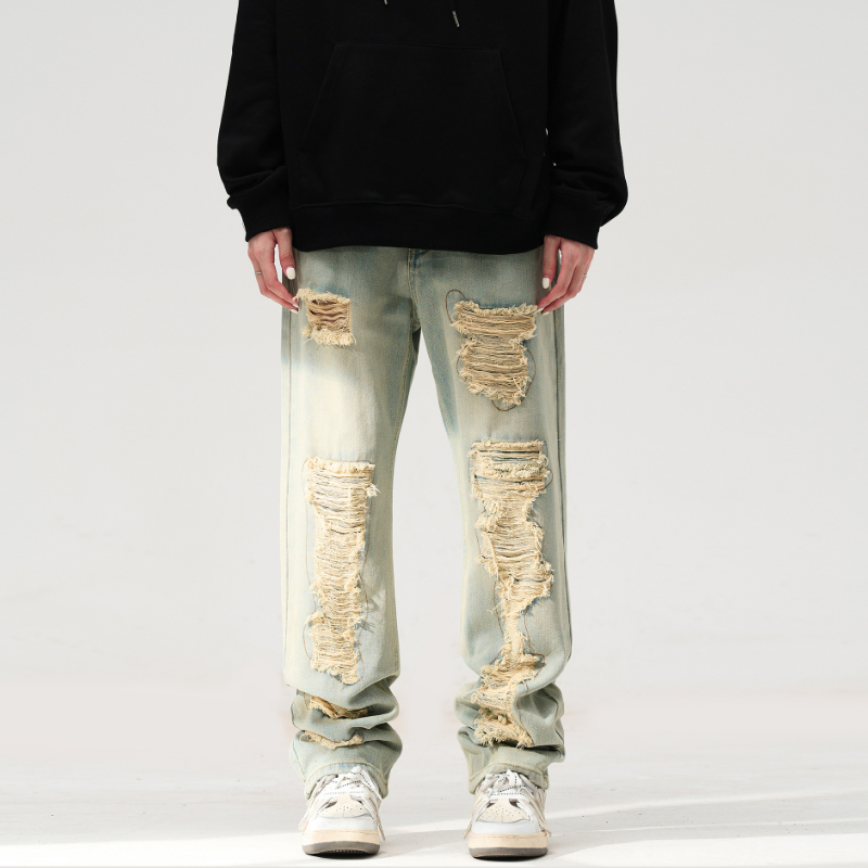Yellow Mud-Dyed Distressed Washed Straight-Leg Jeans - Helloice Apparel